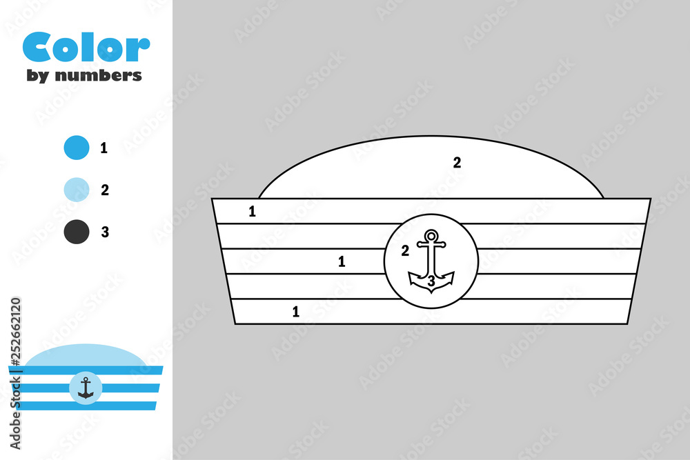 Sailor hat in cartoon style, color by number, education paper game for ...