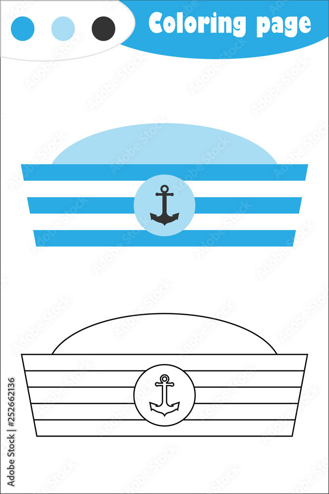 Sailor hat in cartoon style, coloring page, education paper game for ...