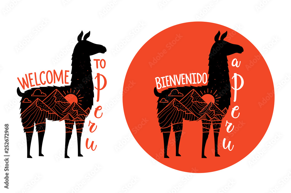 Vector illustration set with llama animal silhouette and lettering ...