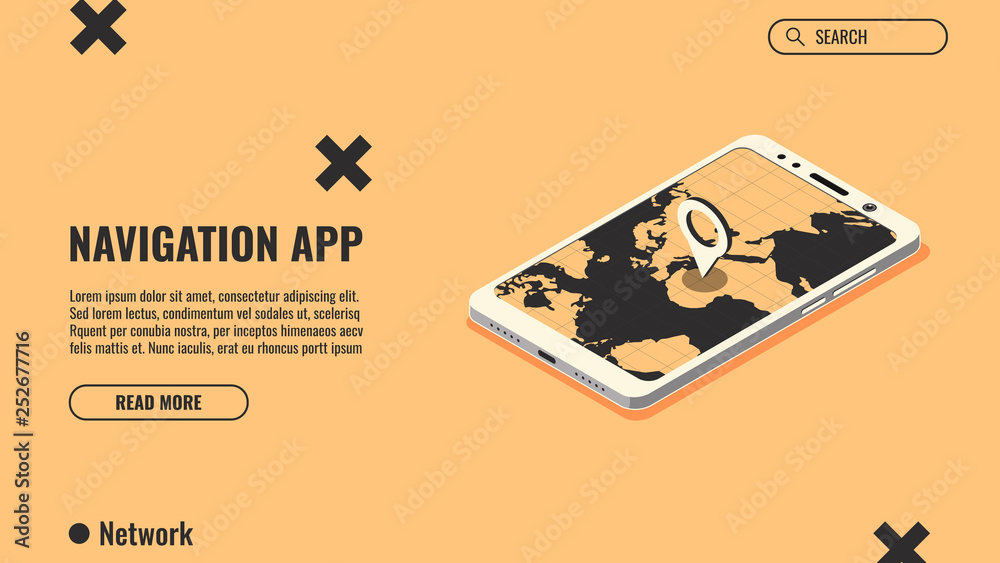 Navigation app concept, isometric illustration, smartphone and world ...