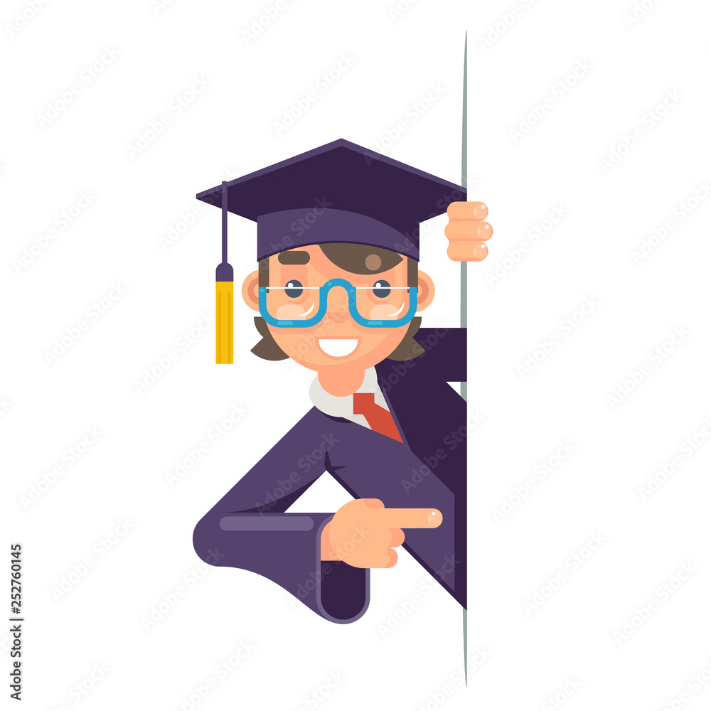Cartoon graduate boy look out corner promotion pointing finger student ...