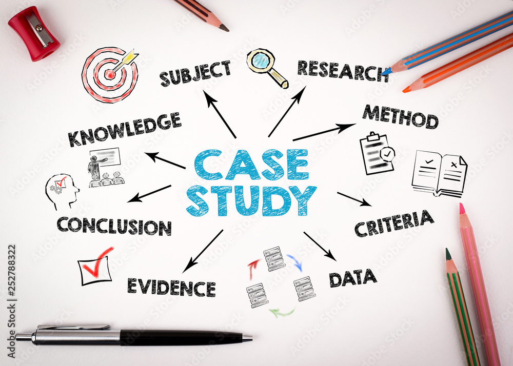 Case study Concept. Chart with keywords and icons on white desk with ...