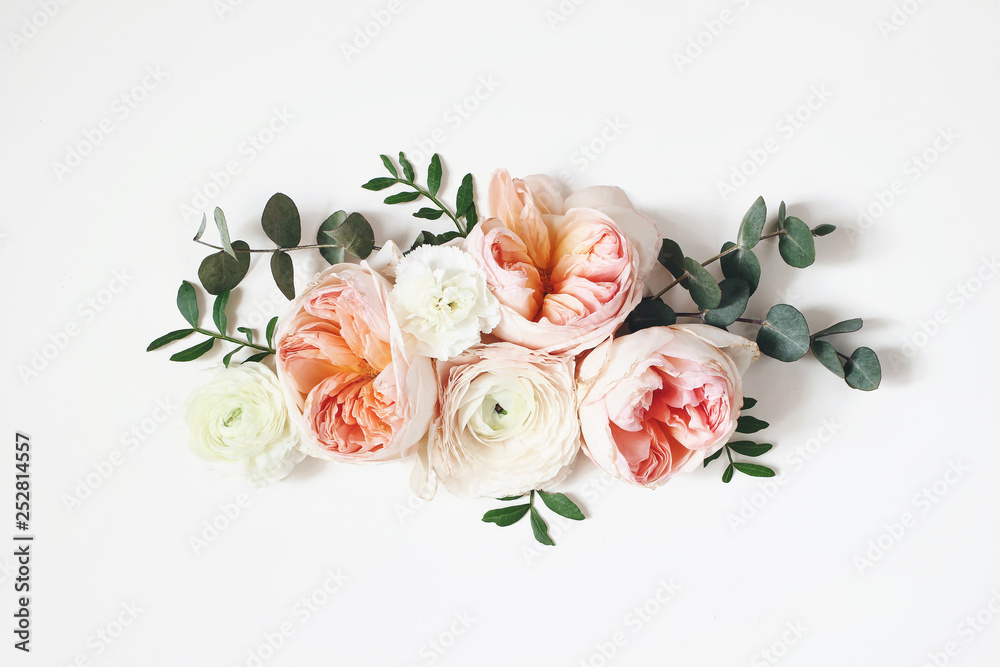 Floral arrangement, web banner with pink English roses, ranunculus ...