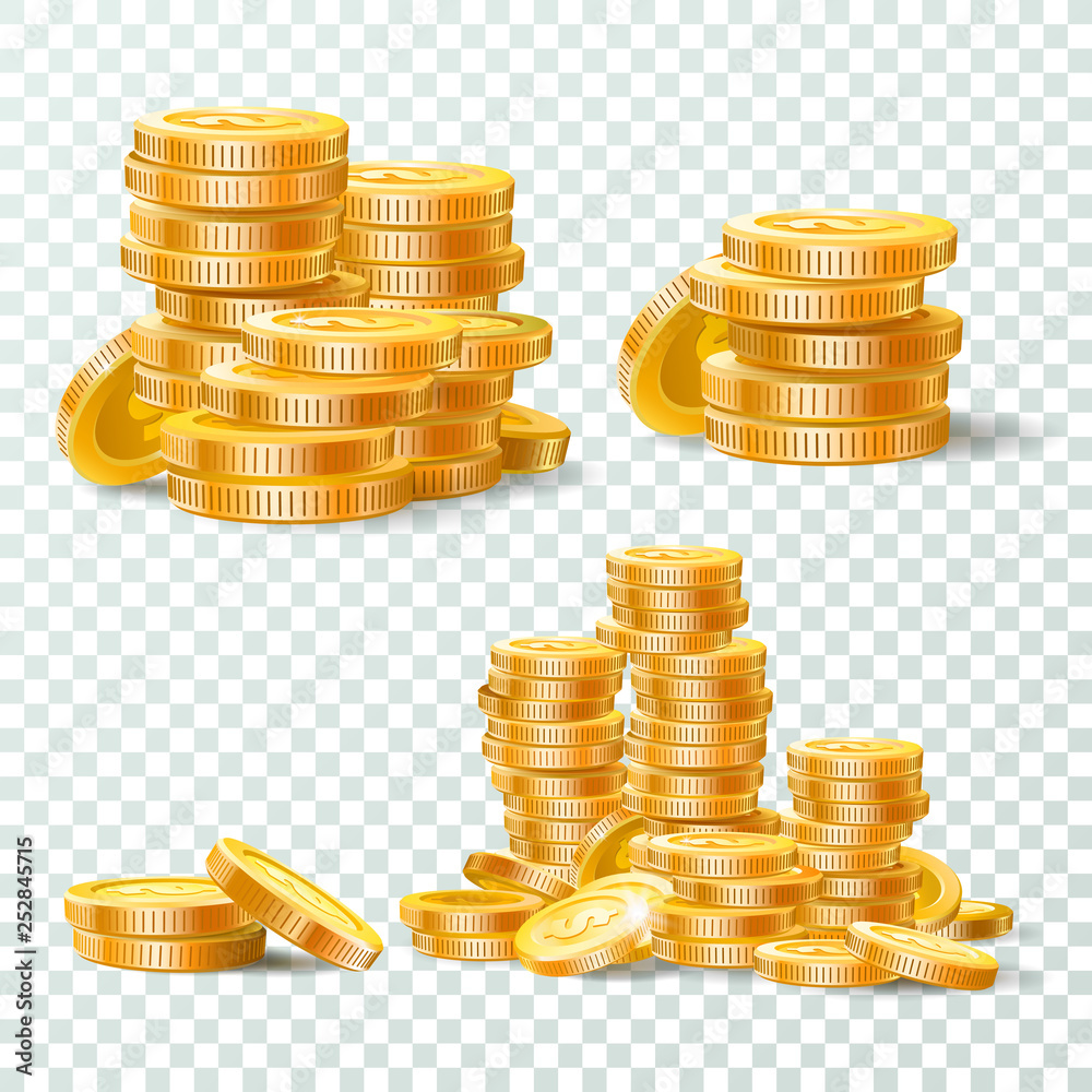 Stack of gold coins. Golden coin pile, money stacks and golds piles ...