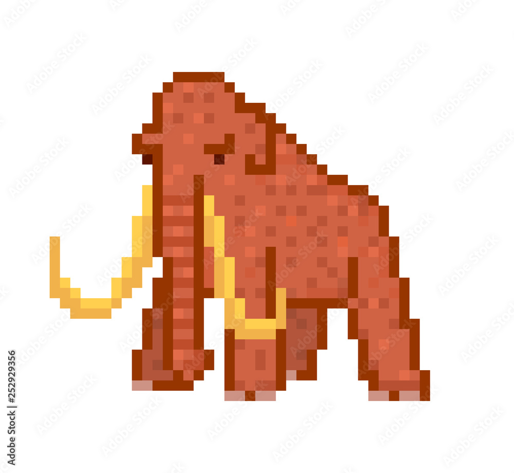 Huge brown woolly mammoth with tusks, 8 bit pixel art character ...