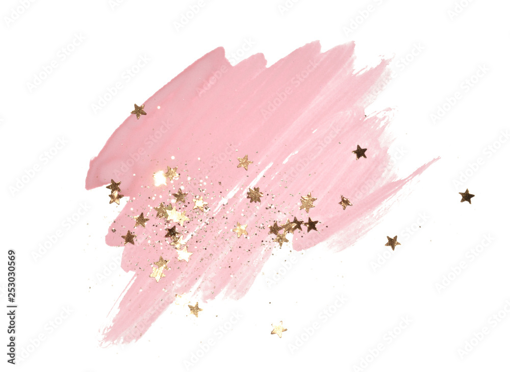 Golden glitter and glittering stars on abstract pink watercolor splash ...