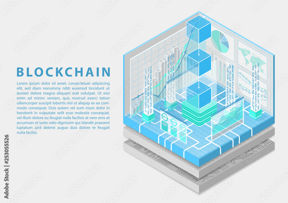 Blockchain concept with symbol of floating blocks as isometric 3d ...