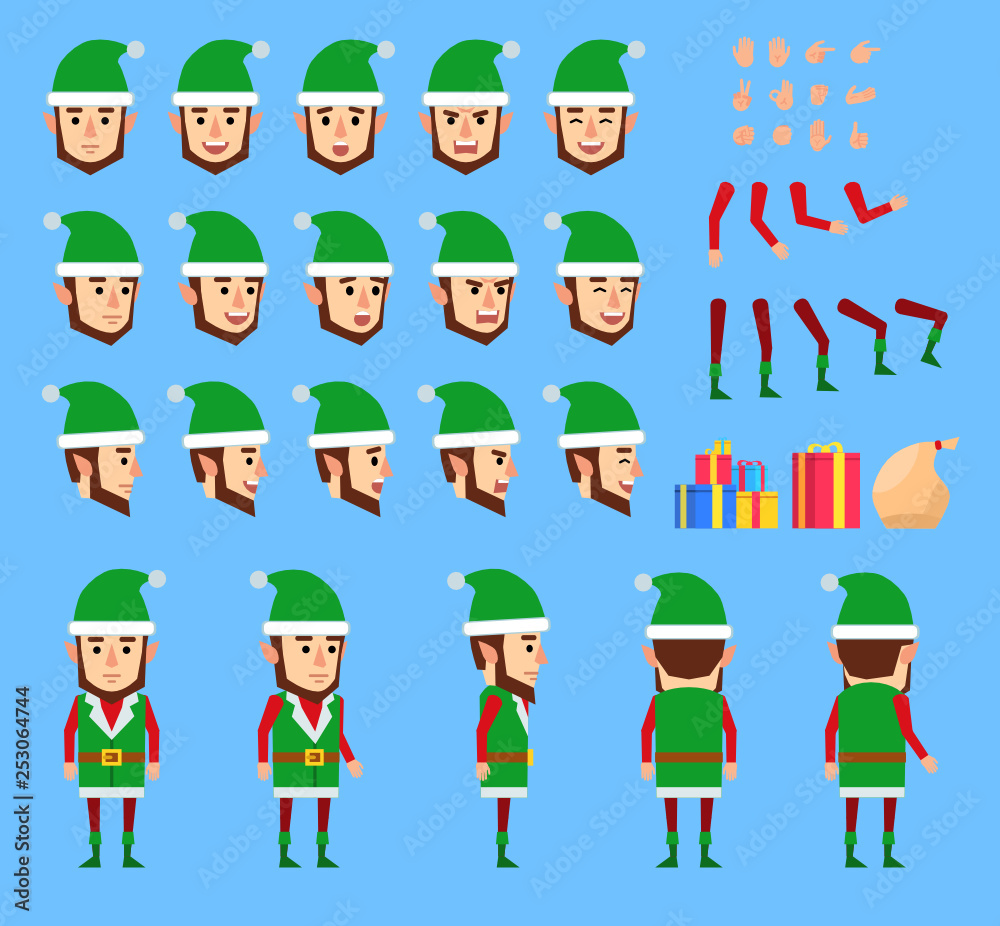 Christmas elf in green suit creation set. Various gestures, emotions ...