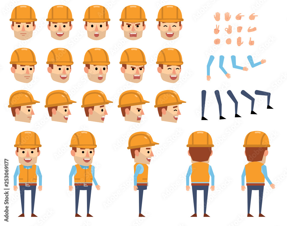 Construction worker creation set. Various gestures, emotions, diverse ...