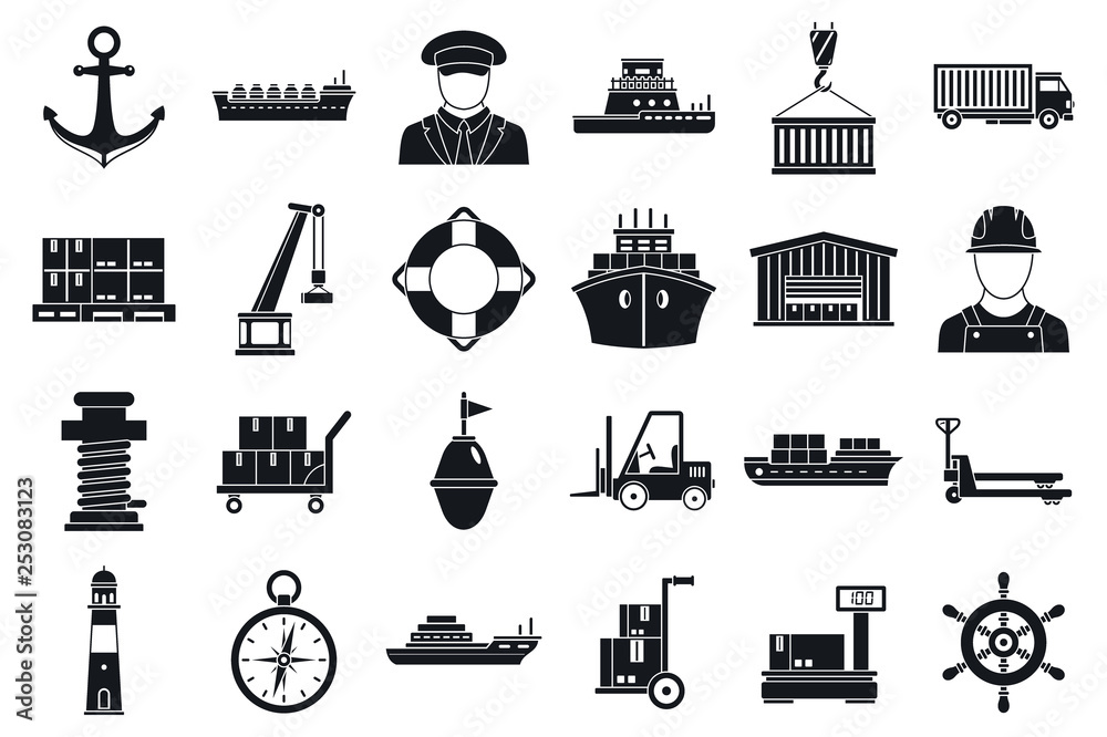 Marine port transport icons set. Simple set of marine port transport ...