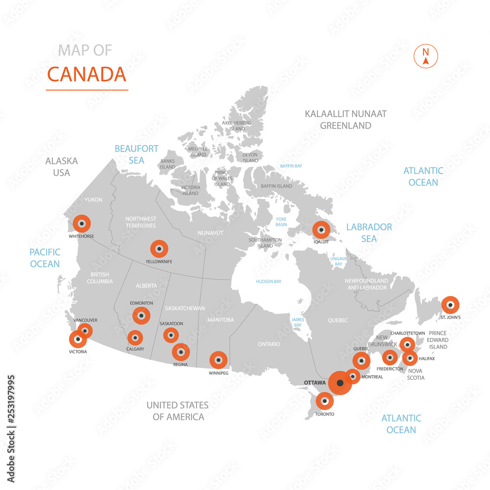 Stylized vector Canada map showing big cities, capital Ottawa ...
