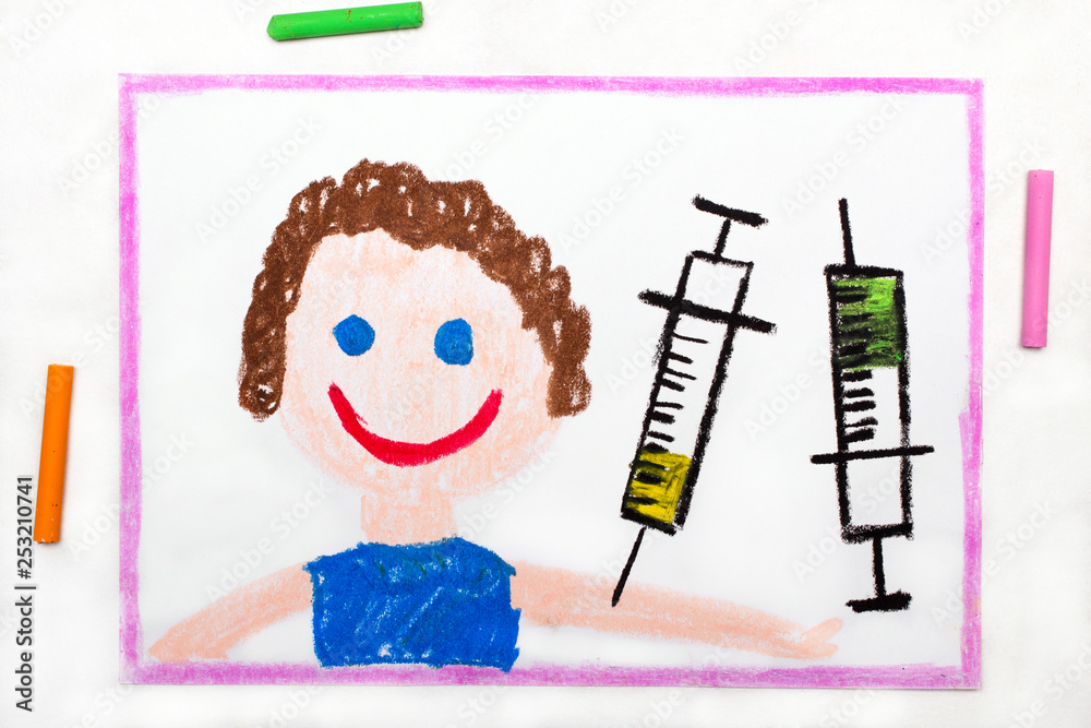 Colorful drawing: Child vaccination. Smiling boy and syringe ...