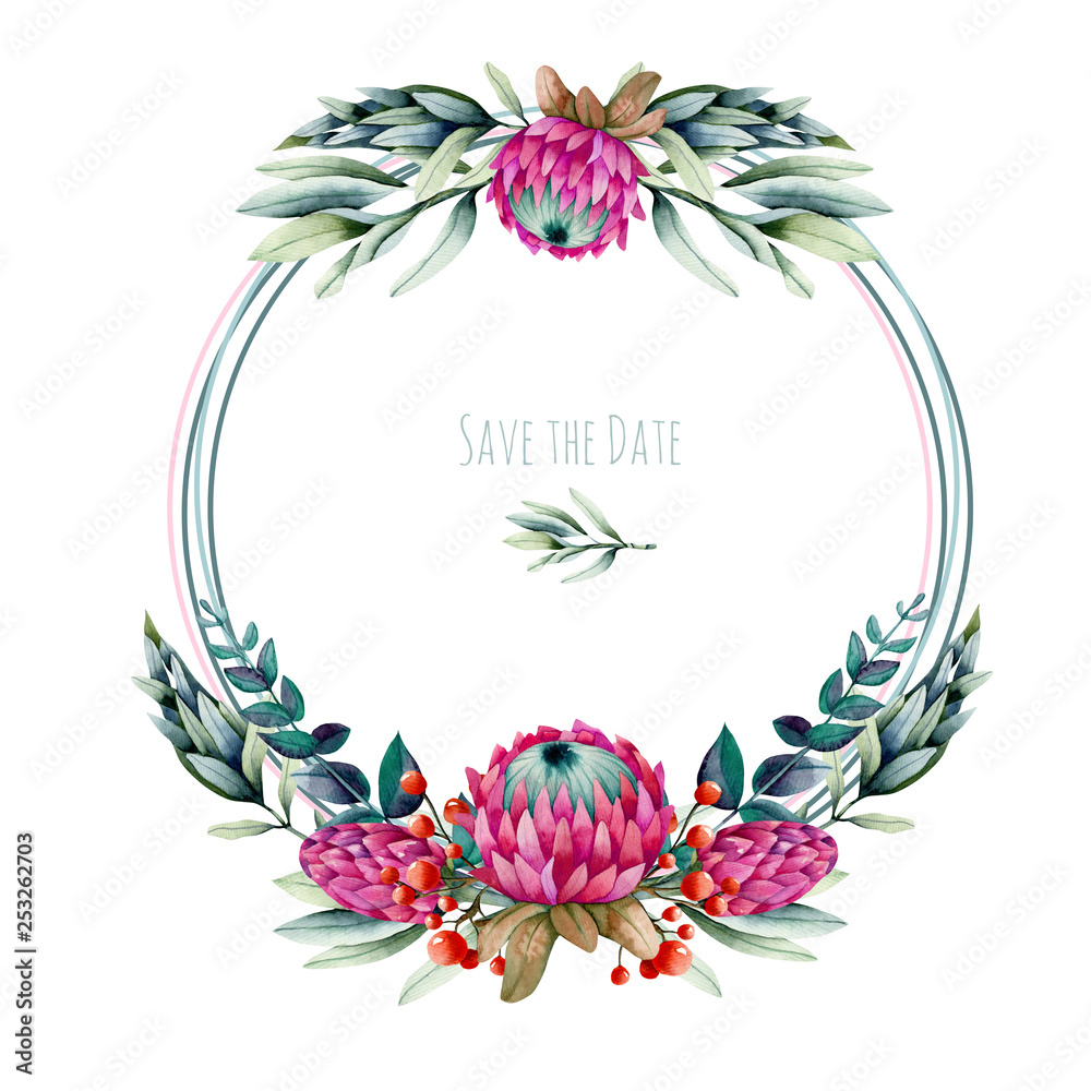Round frame with watercolor pink protea flower and green branches, hand ...