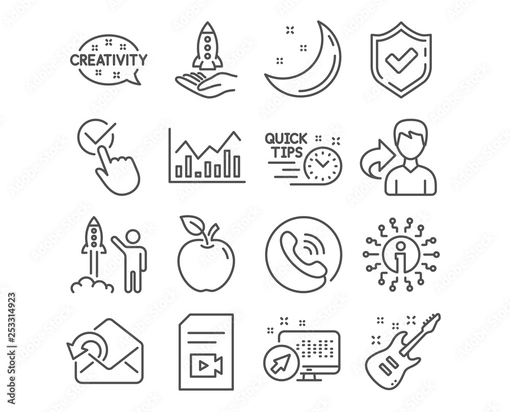 Set of Checkbox, Infochart and Launch project icons. Send mail, Creativity and Crowdfunding ...