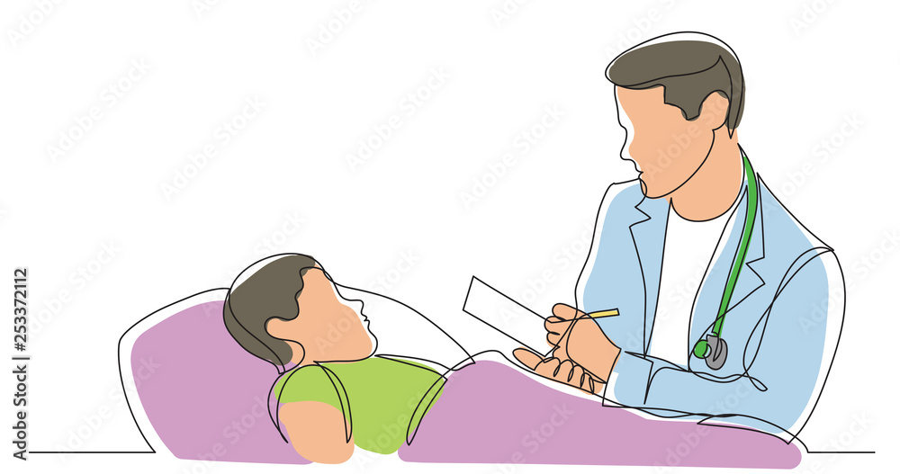 one line vector drawing of hospital man doctor examining child patient ...
