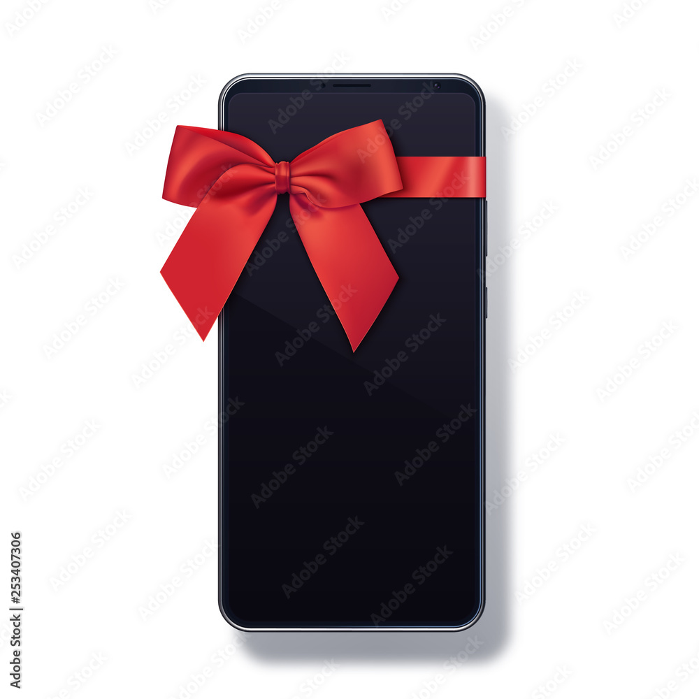 Black smartphone with bow isolated on white background. Cell phone gift ...
