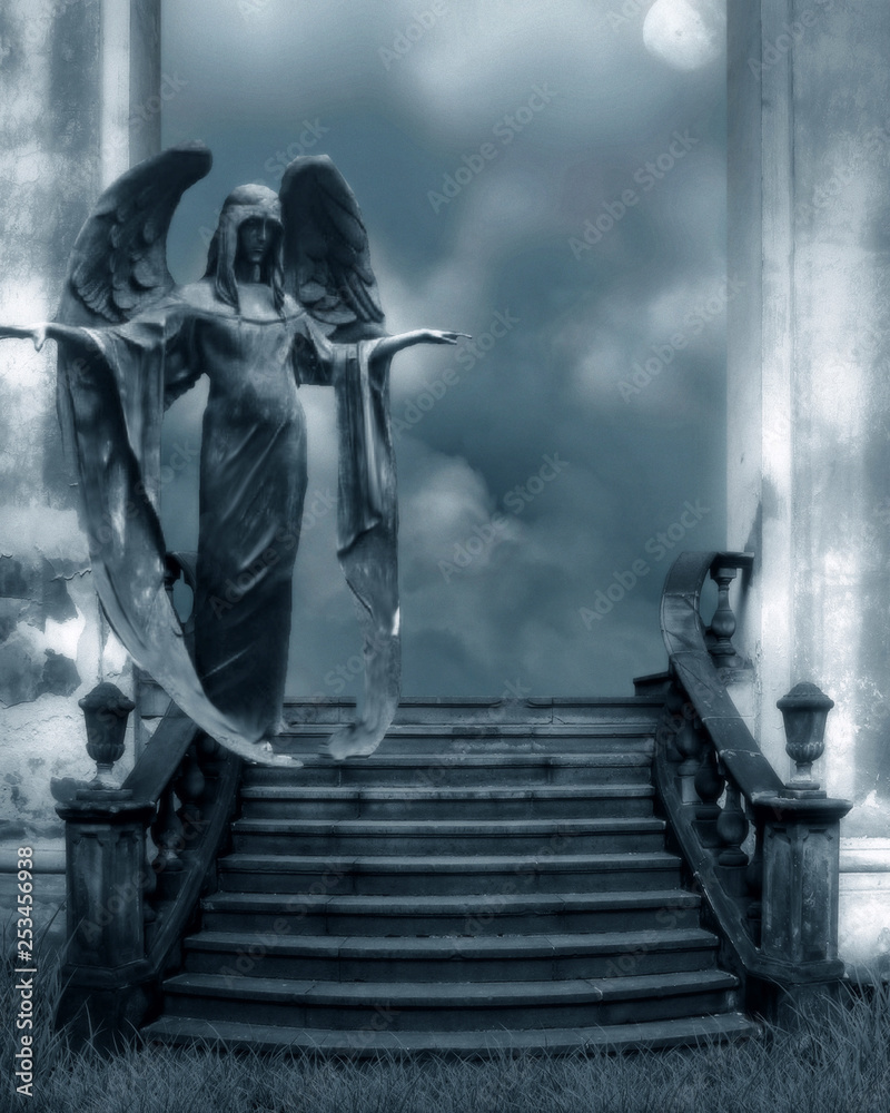 3D illustration of scary dark background with stone structures of ...