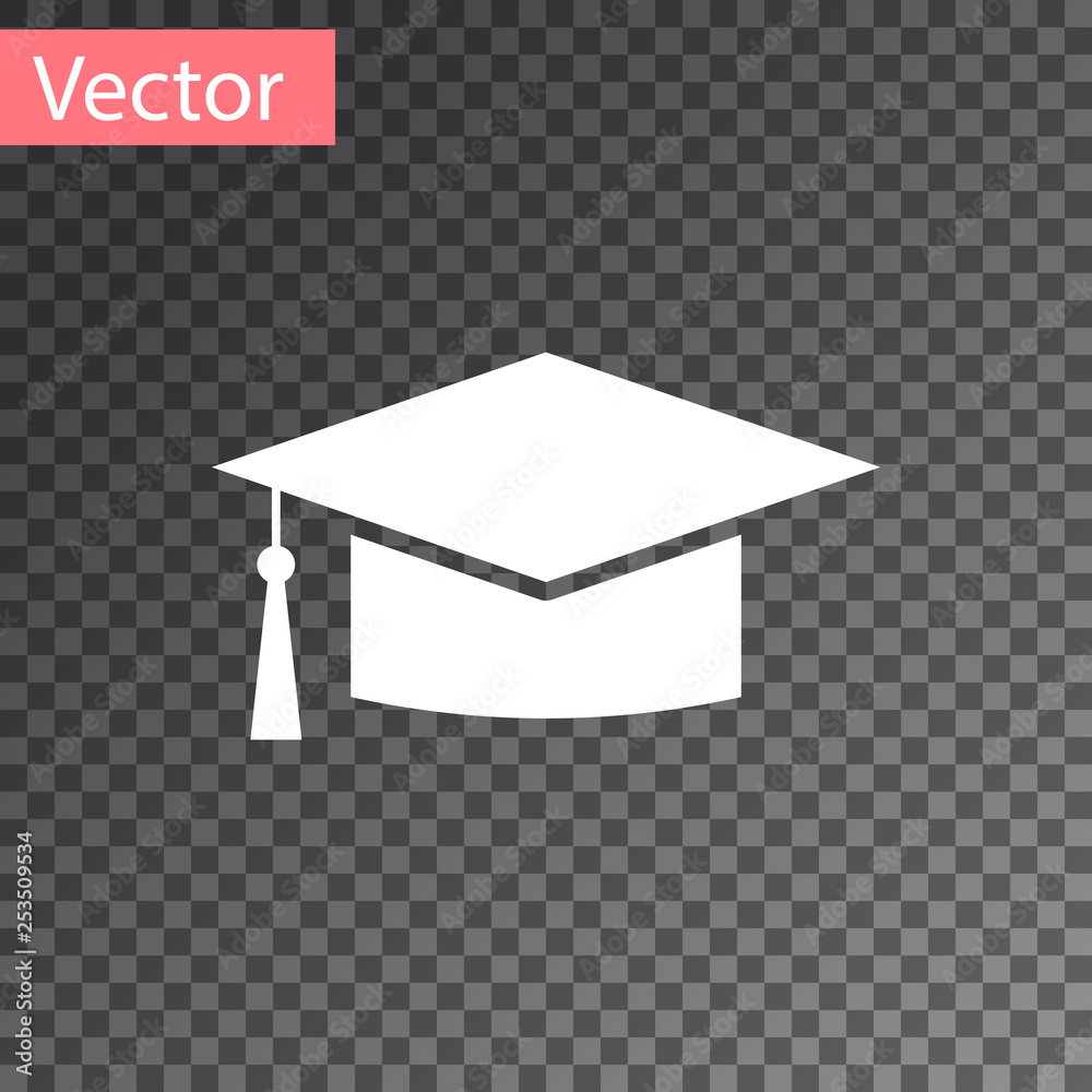 White Graduation cap icon isolated on transparent background. Graduation hat with tassel icon ...