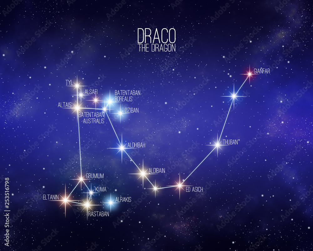 Draco the dragon constellation on a starry space background with the ...