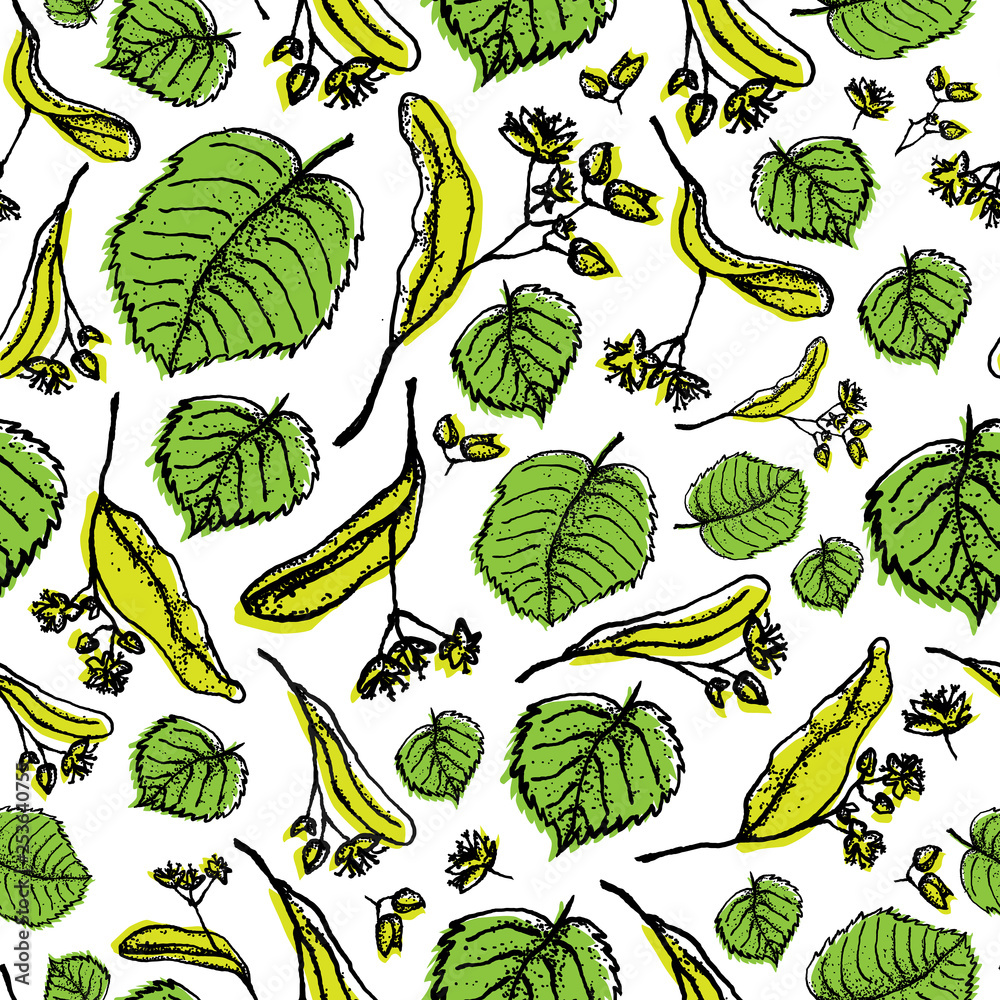 Linden hand drawn seamless pattern lino cut style illustration. Linden ...