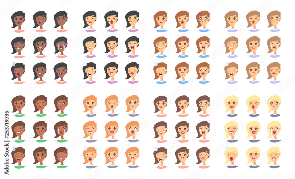 Set of female emoji characters. Cartoon style emotion icons. American ...