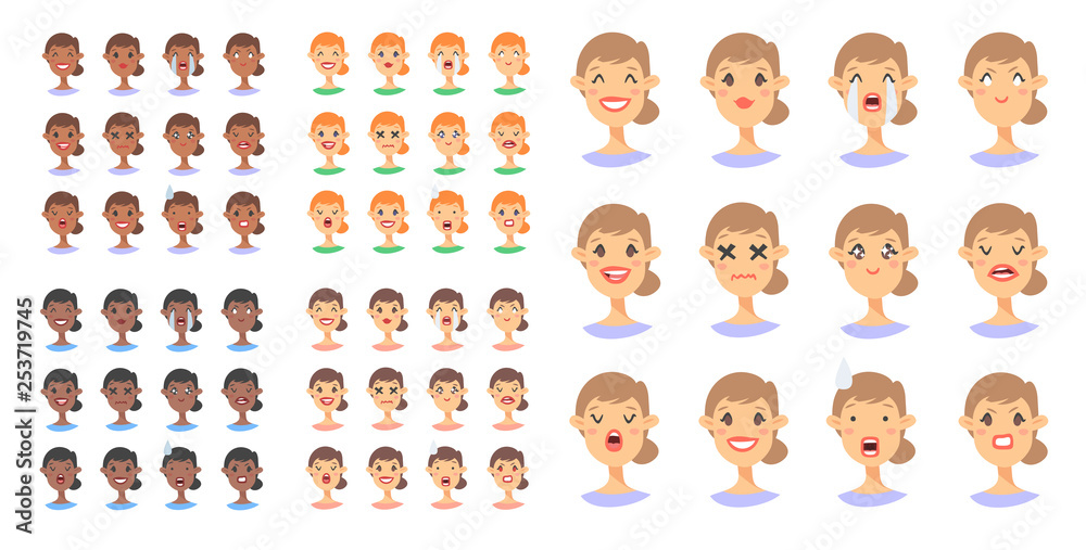 Stock-Illustration „Set of female emoji characters. Cartoon style ...