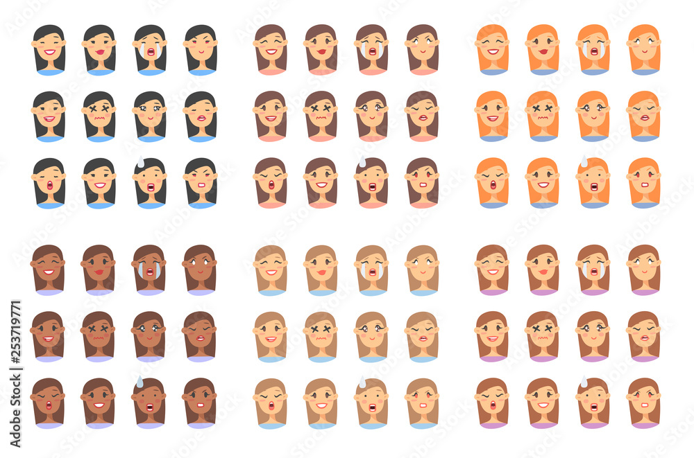 Ilustración de Stock Set of female emoji characters. Cartoon style ...