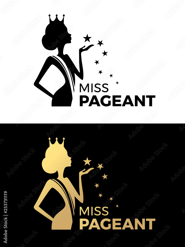 Vektor Stok Miss pageant logo sign with Beauty queen wear a crown and ...