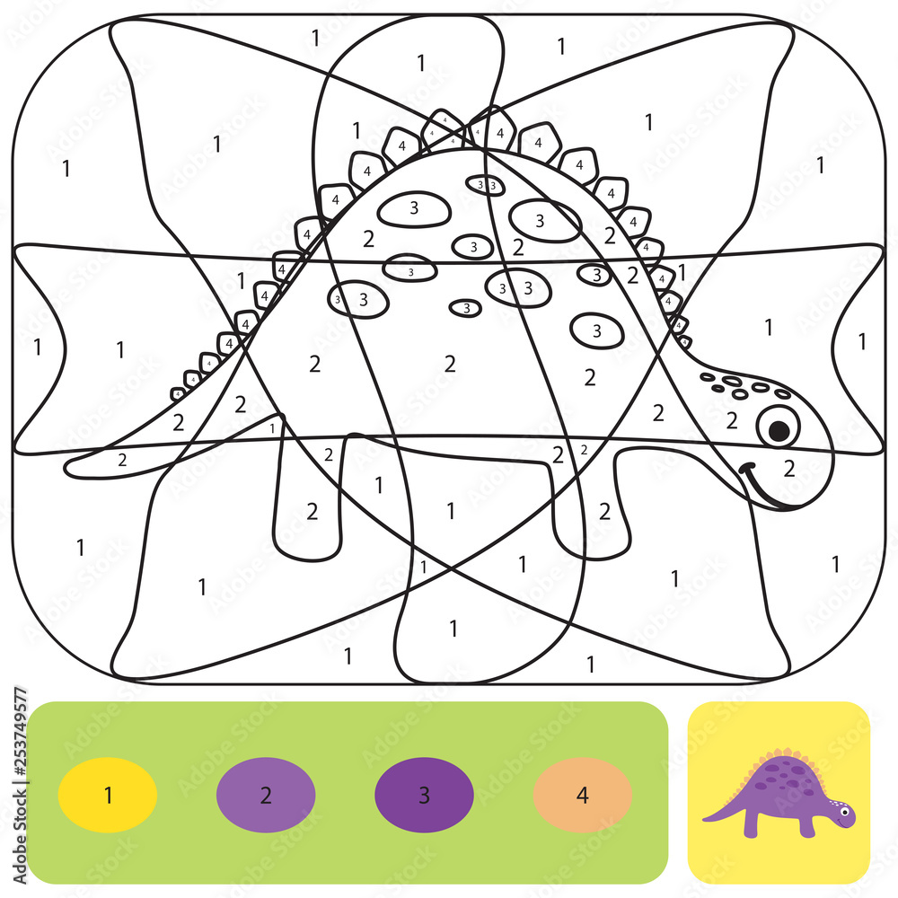Cute dino coloring page for kids. Coloring puzzle with numbers of color ...
