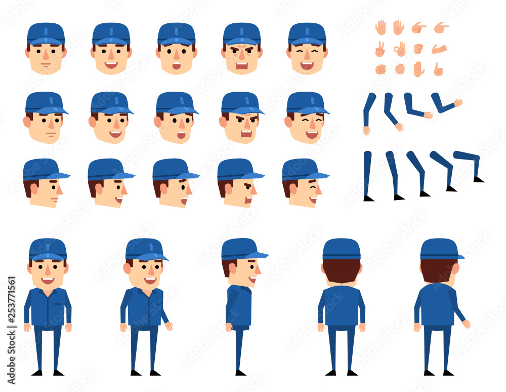Auto mechanic, workman, courier creation set. Various gestures, emotions, diverse poses, views ...