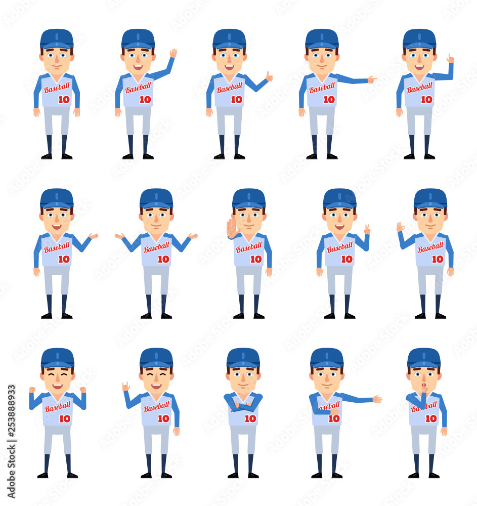Set of baseball players showing various hand gestures. Funny baseball ...