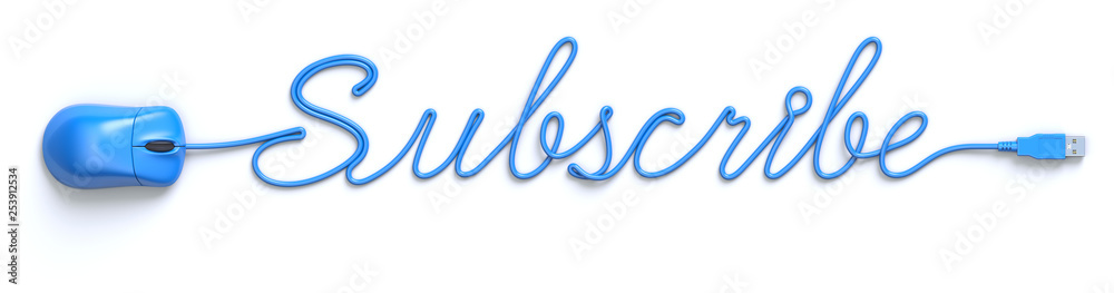 Blue mouse and cable in the shape of subscribe word - 3D illustration ...