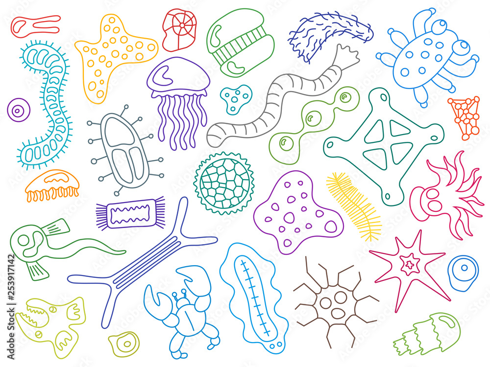 Various microorganisms on white background pattern. Backdrop infectious ...