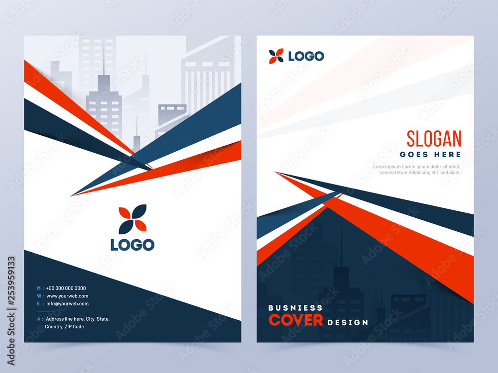 Front and back view of cover page or template design layout for ...