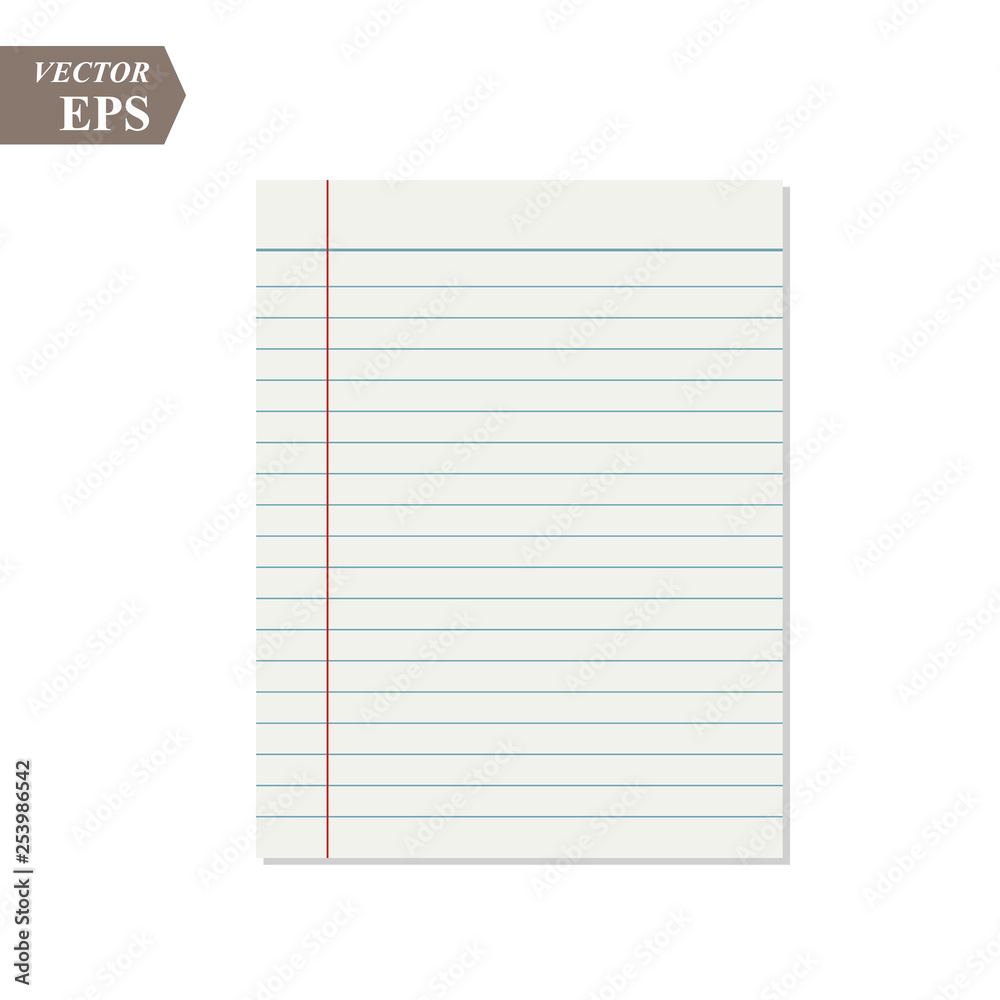 Vector realistic lined paper sheet with margins. Copybook, notebook or exercise book blank page ...