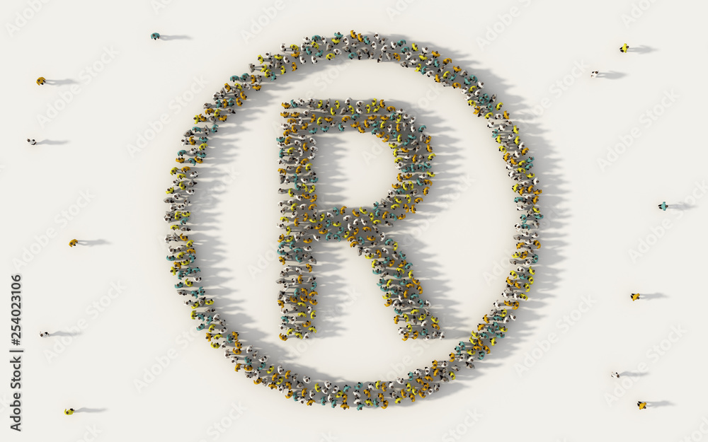 Large group of people forming r logo or register trademark symbol ...