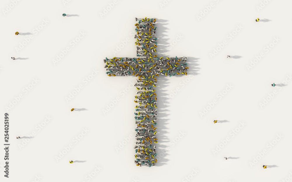 Large group of people forming christian cross symbol in social media ...
