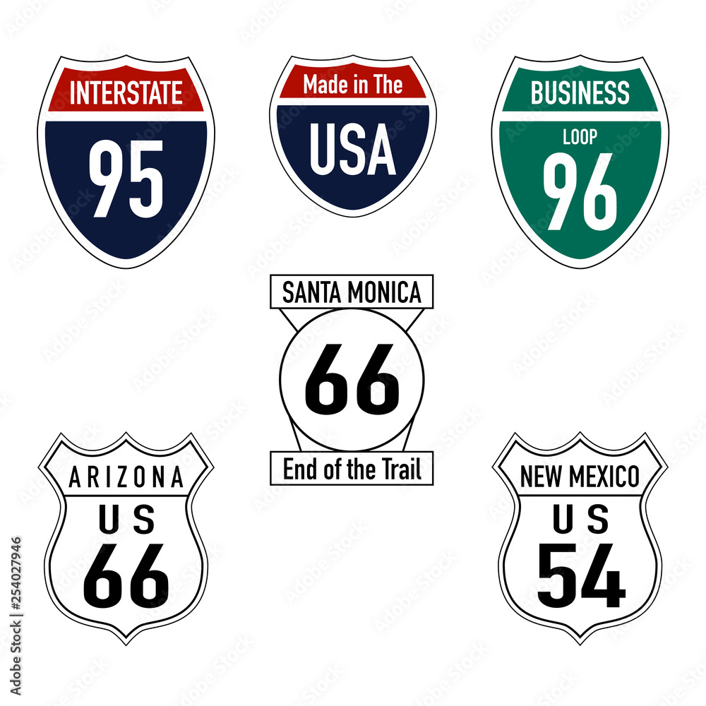 Road signs in USA. Group of isolated US road signs. State names and ...