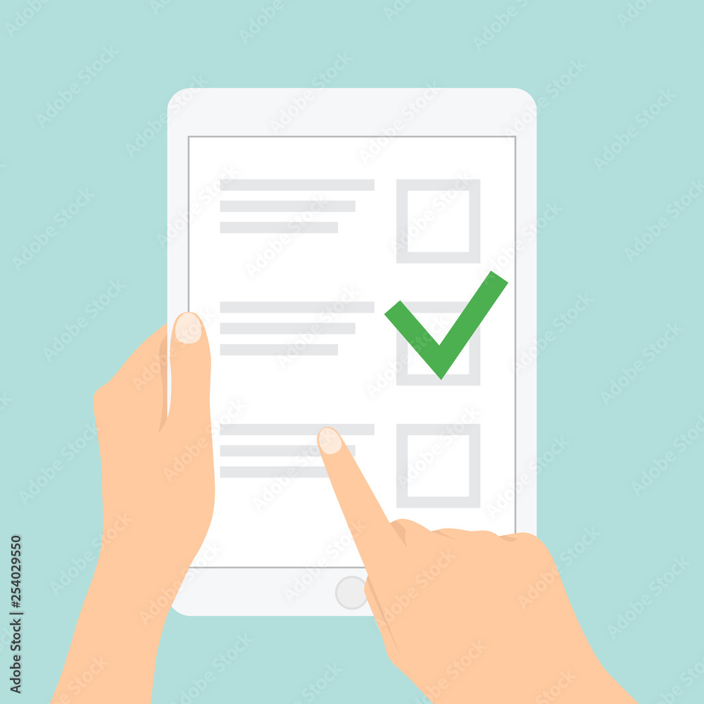 Computer tablet with checklist on screen. Online form survey, tablet ...