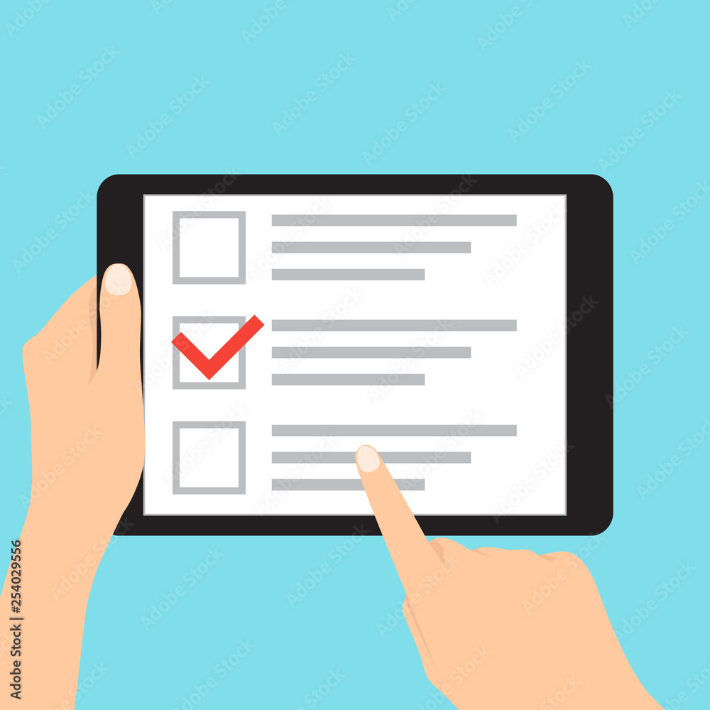 Computer tablet with checklist on screen. Online form survey, tablet ...