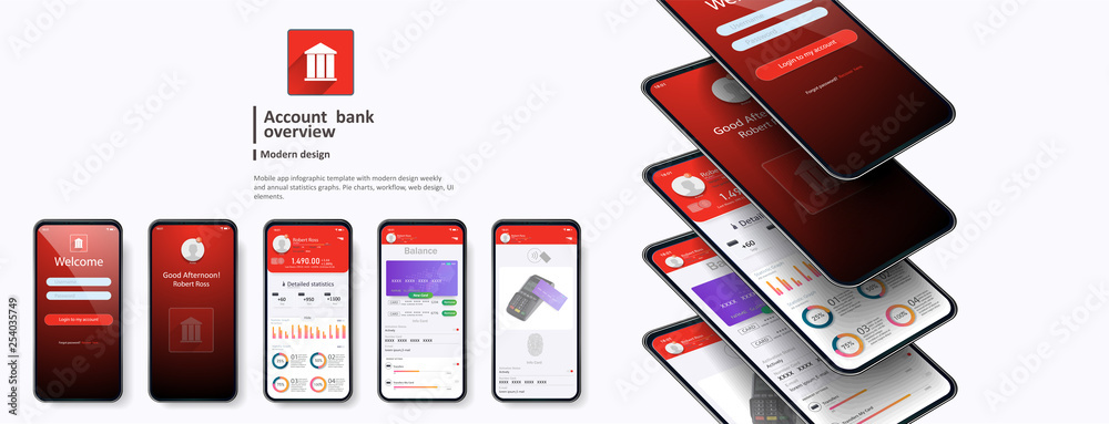Banking App UI Kit for responsive mobile app or website with different GUI layout including ...
