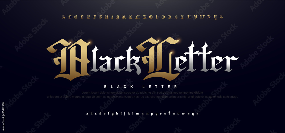 Elegant Blackletter Gothic Golden Alphabet Font. Typography silver and ...