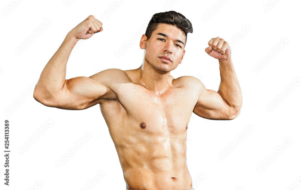 Muscular bodybuilder man showing his muscle body isolated on white ...