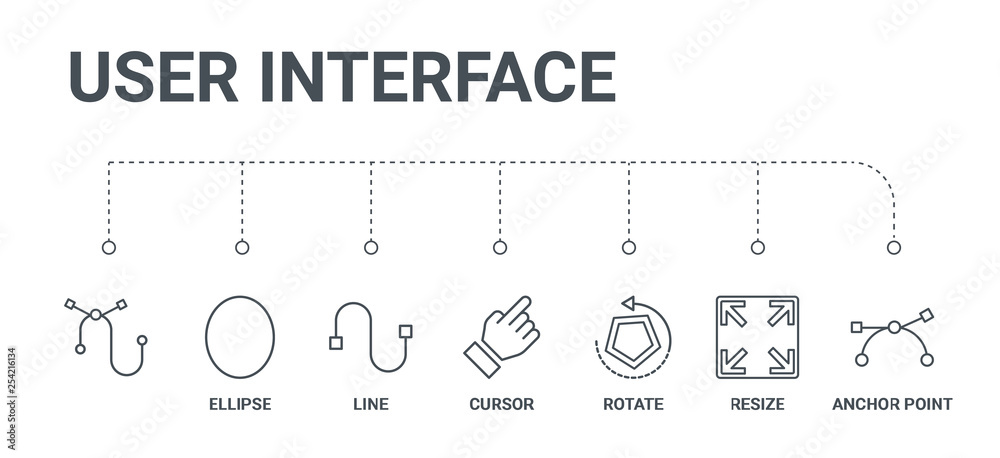 simple set of 7 line icons such as anchor point, resize, rotate, cursor ...
