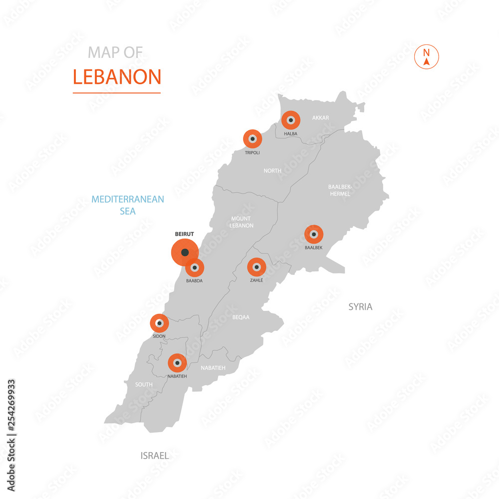 Stylized vector Lebanon map showing big cities, capital Beirut ...