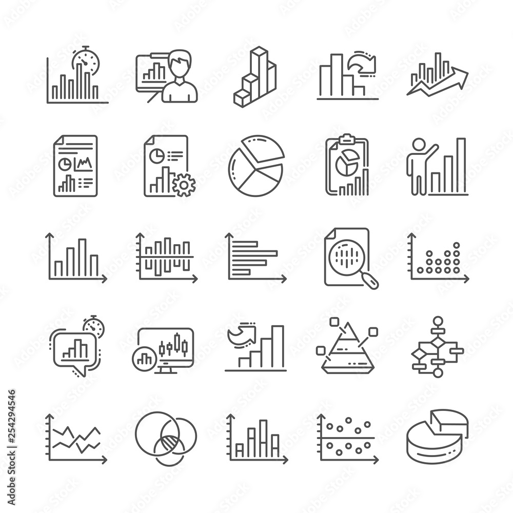 Charts and Diagrams line icons. Report, Block diagram, 3D Chart and Dot ...