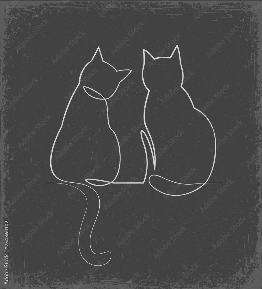 Continuous one line drawing of two happy cats hand drawn silhouette ...
