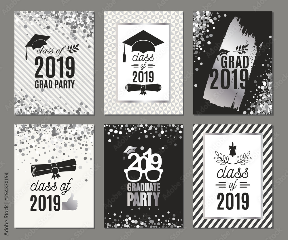 Graduation Class of 2019 six greeting cards set in silver colors ...
