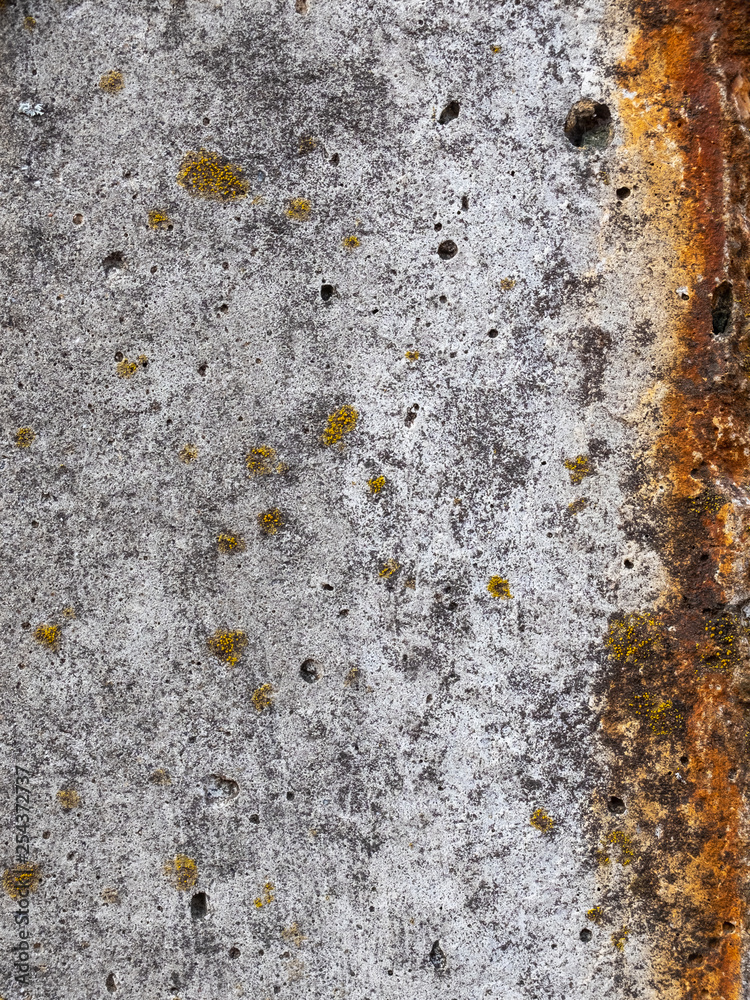 Texture of old reinforced concrete surface with rust and moss. Armored ...