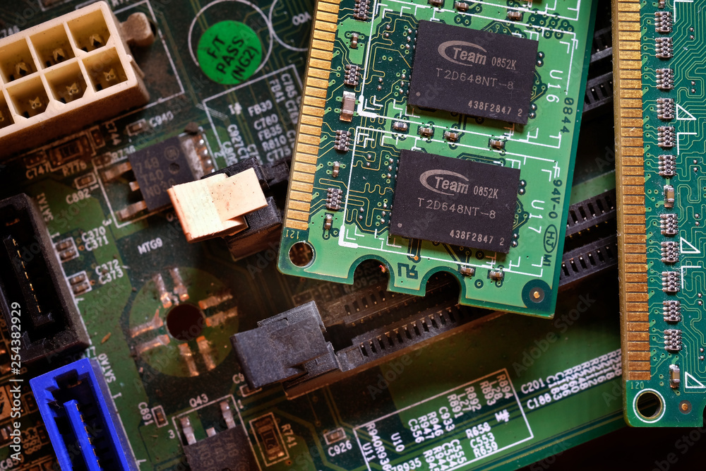 Very dirty and dusty computer mother board and CPU inside a desktop ...